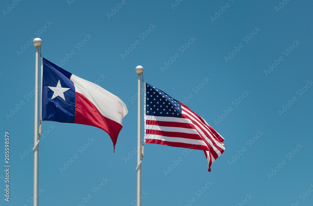 The state flag of Texas and American flag waving in the wind on ...