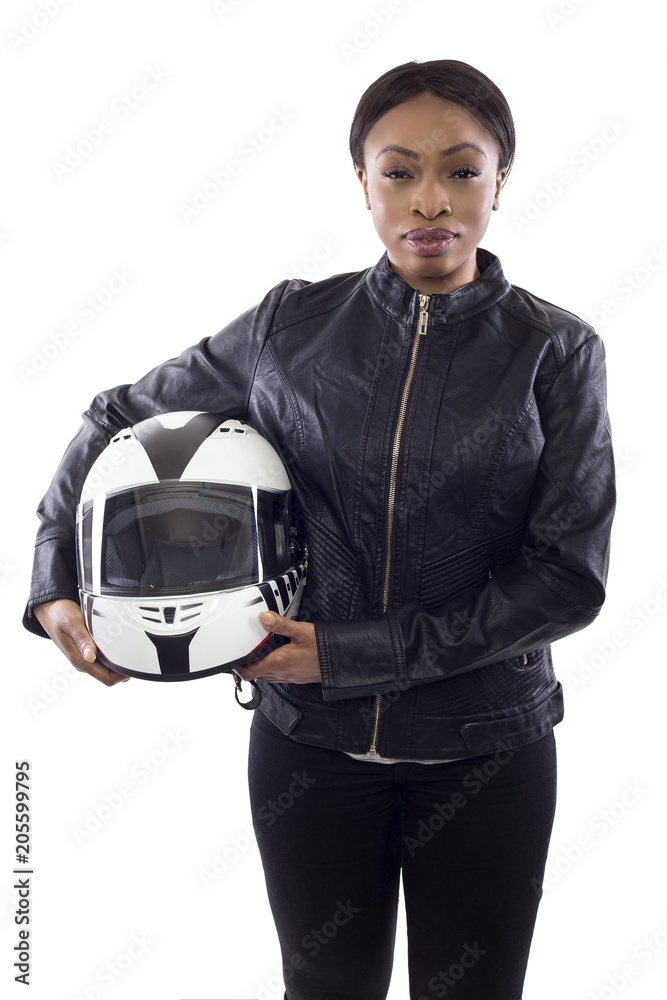 Confident strong black female holding a helmet as a race car driver ...
