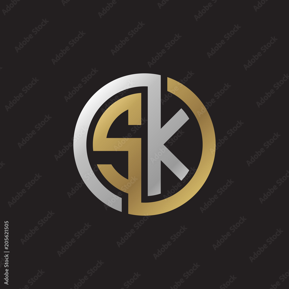 Initial letter SK, looping line, circle shape logo, silver gold color ...