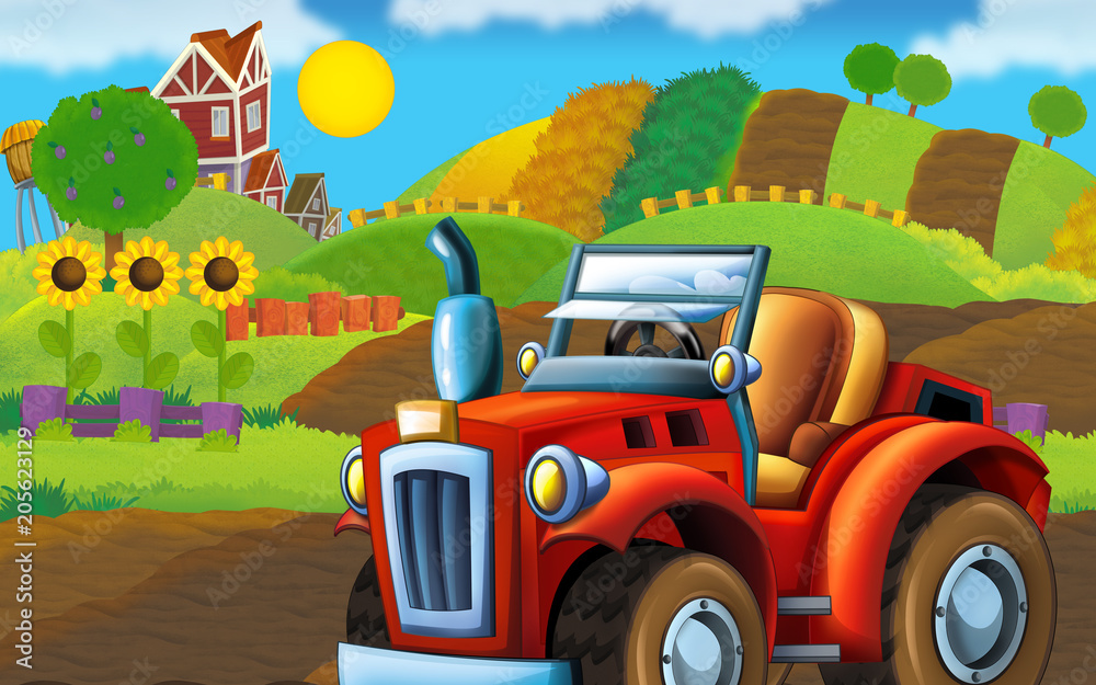 Cartoon scene with farm vehicle - tractor for heavy duty tasks ...