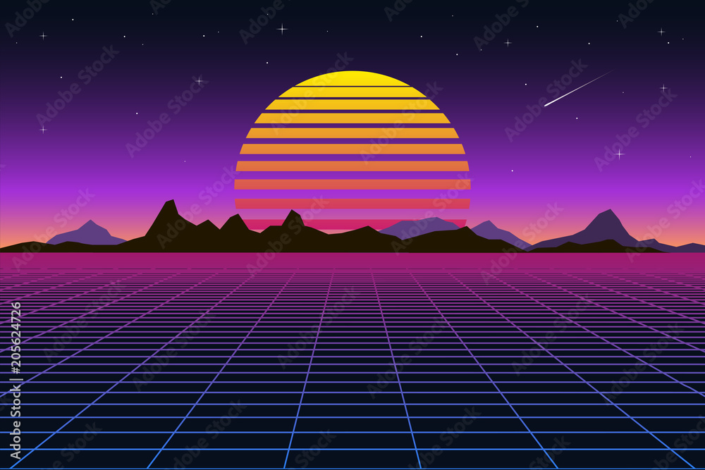 Retro background futuristic landscape 1980s style. Digital retro ...