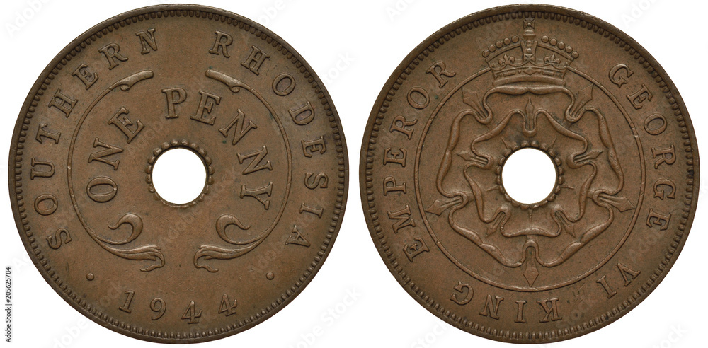 Southern Rhodesia coin one penny 1944, center hole, vignettes at sides ...