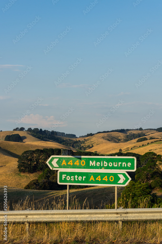 Road signs pointing towards Foster and Melbourne in South Gippsland ...