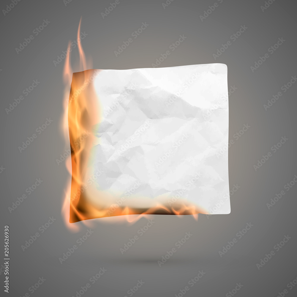 Burning piece of crumpled paper. crumpled empty paper blank for banner ...