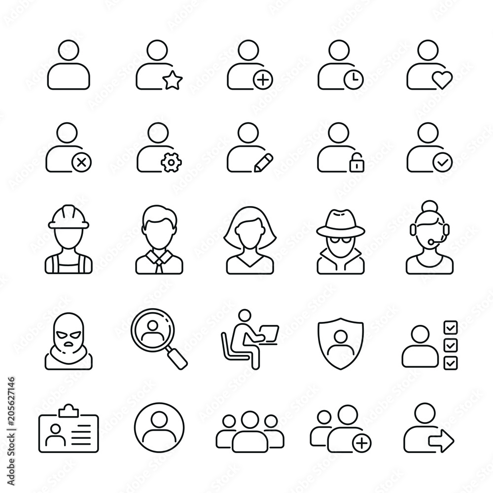 Users related icons: thin vector icon set, black and white kit Stock ...