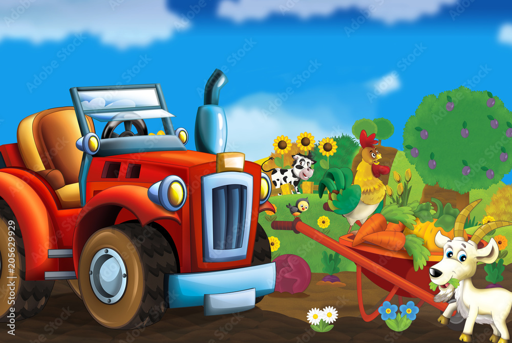 cartoon farm scene with rooster goat and tractor - illustration for ...