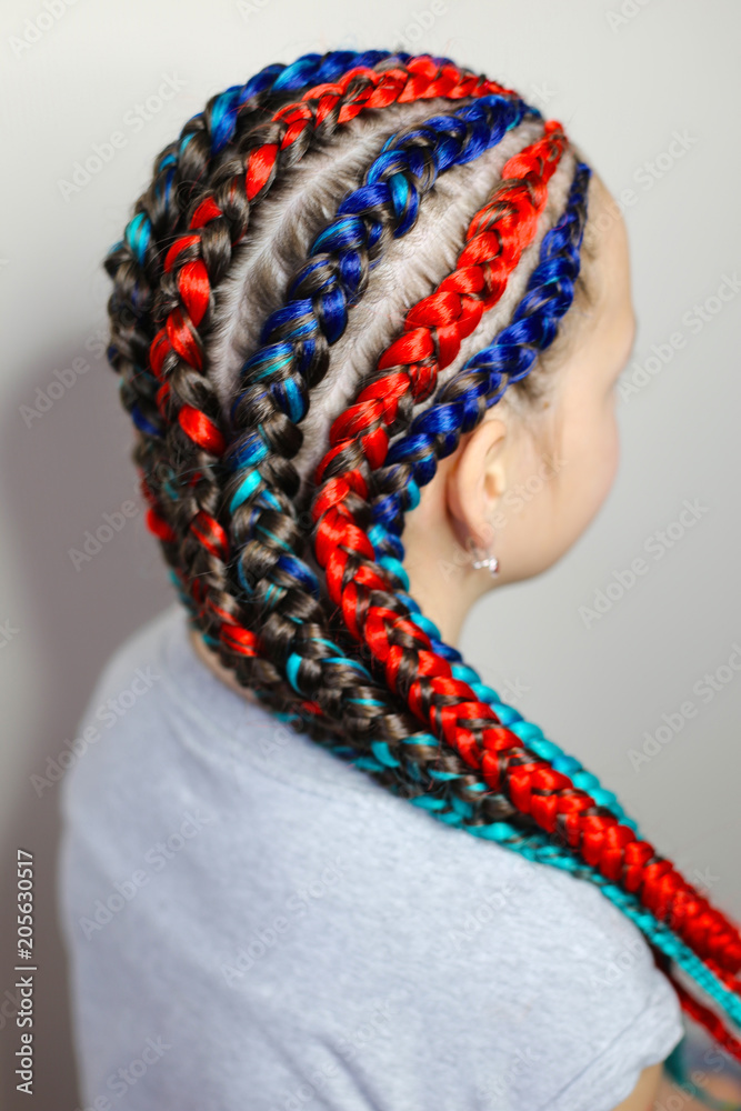 two-color boxing braids with kanekalon on the head of a girl on a white ...