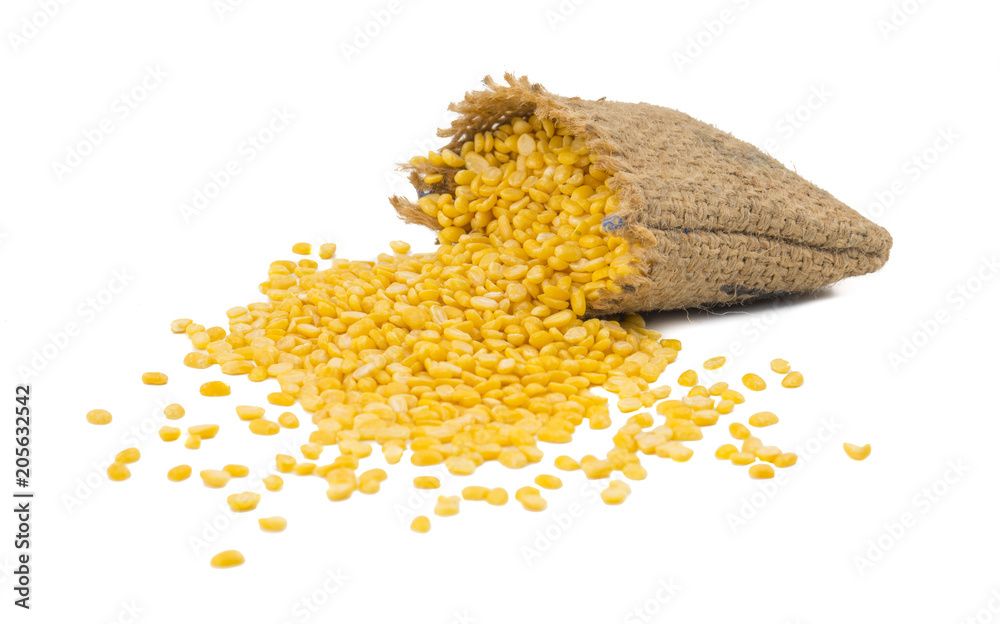 Yellow Split Dal in a Bag Also know as Mogar Dal or Mung Dal isolated ...