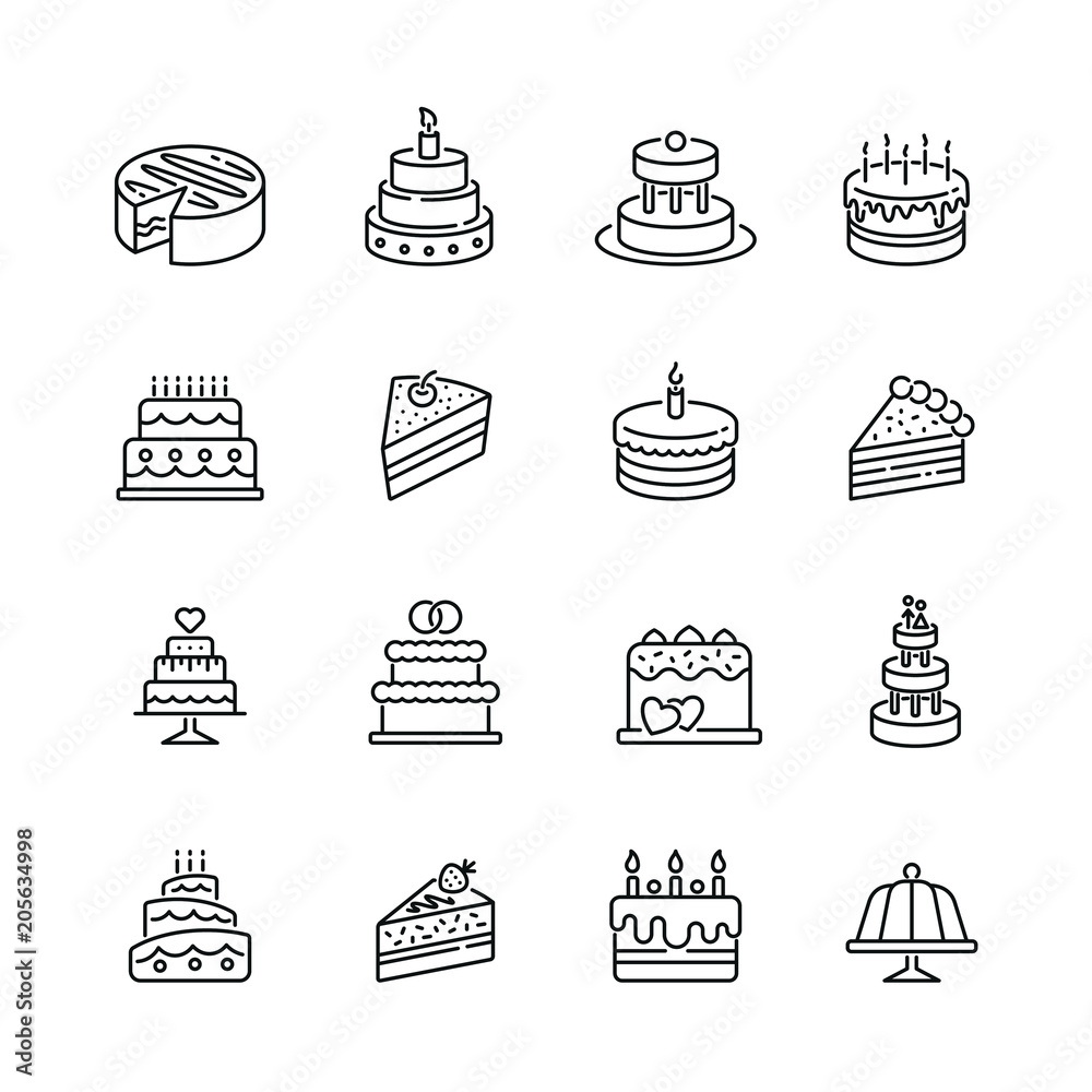 Cakes related icons: thin vector icon set, black and white kit Stock ...