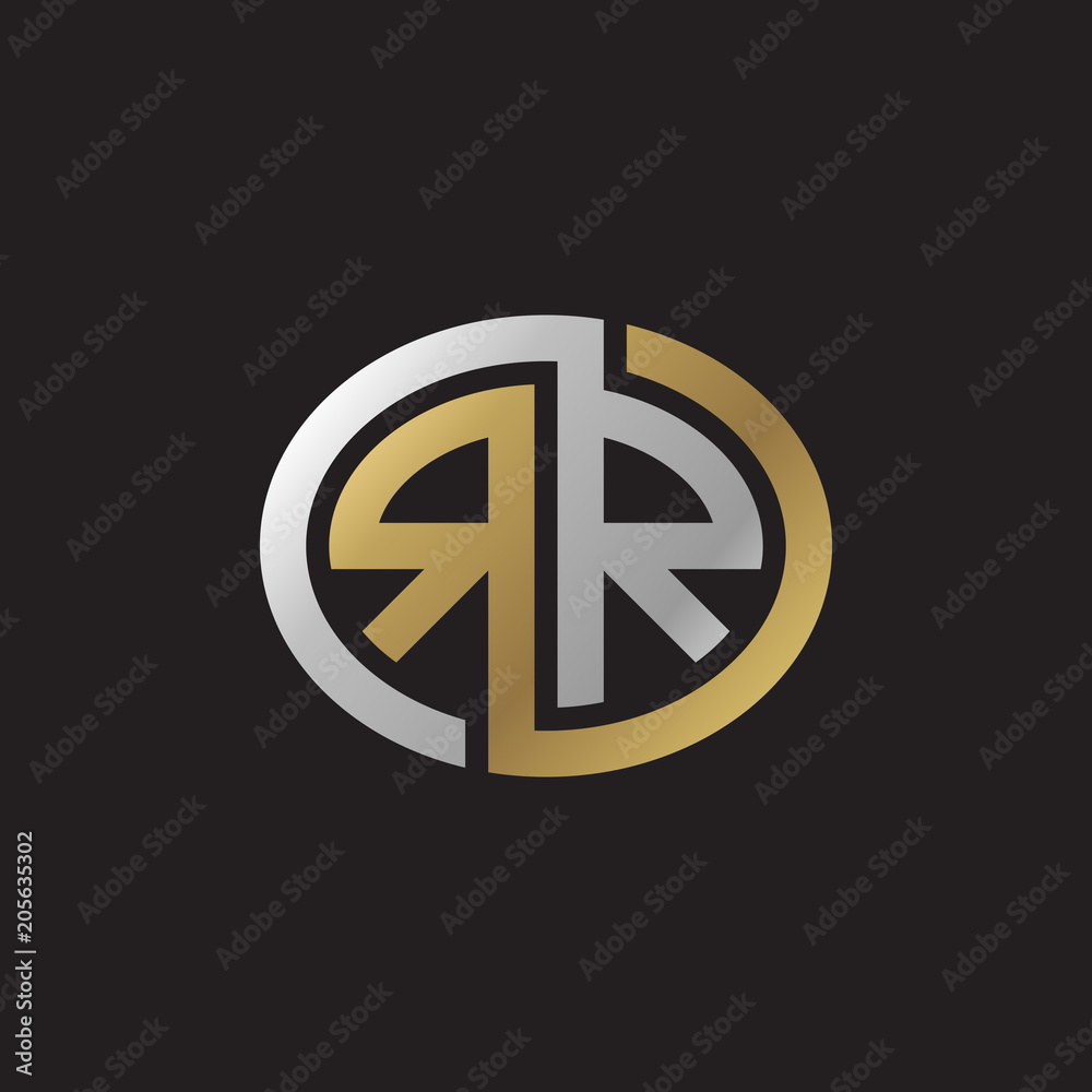 Initial letter RR, looping line, ellipse shape logo, silver gold color ...