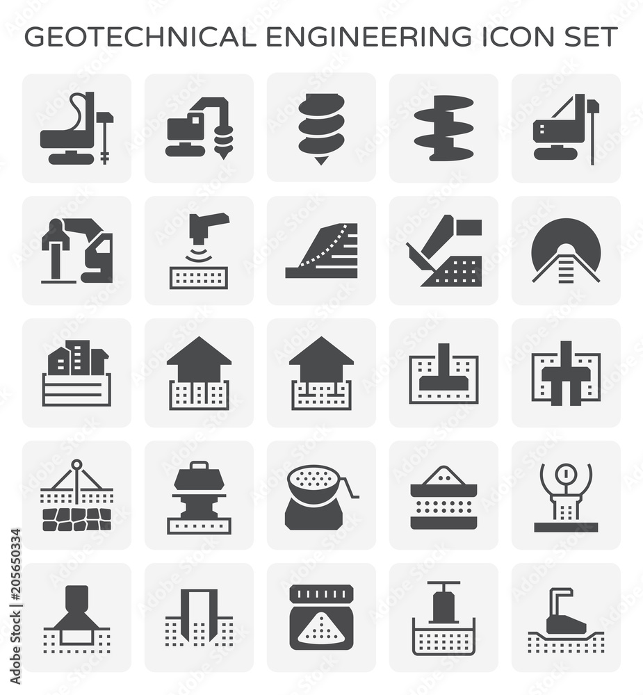 Geotechnical engineering, geotechnics and geology vector icon with ...