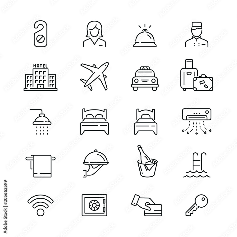 Hotel related icons: thin vector icon set, black and white kit Stock ...