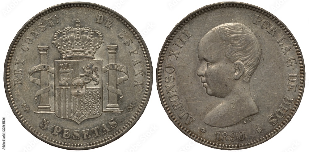 Spain, Spanish coin 5 five pesetas 1890, shield flanked by pillars ...