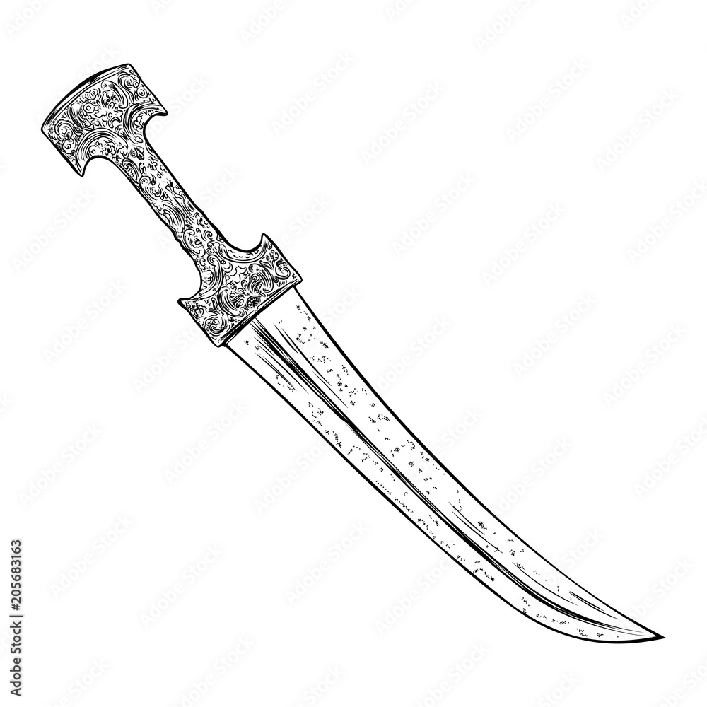 Black work tattoo art hand drawn engraving style medieval knife, dagger ...