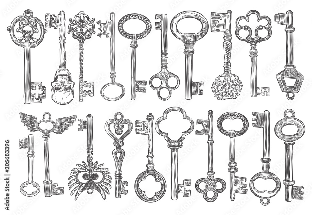 Set of hand drawn antique keys. Sketch style of vintage key on white ...