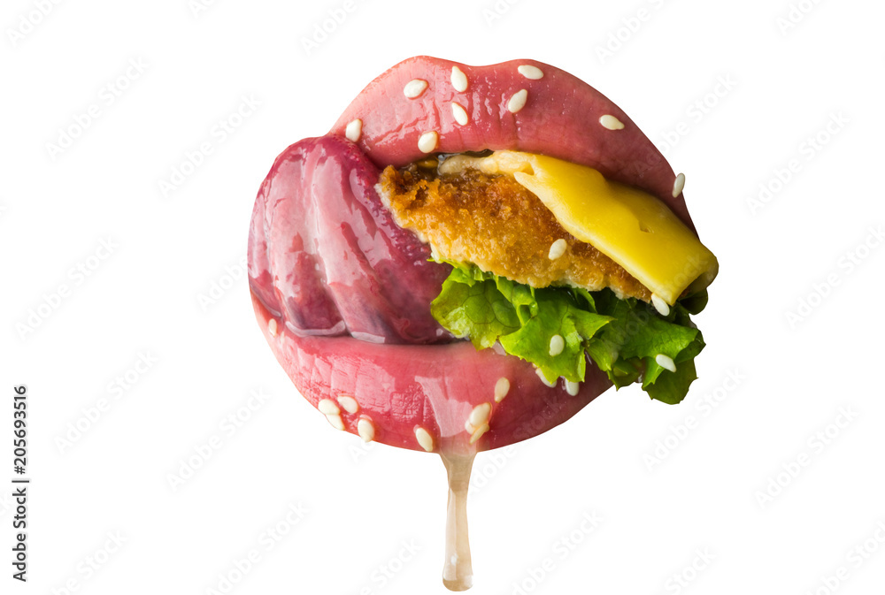 Hamburger. Tongue and sandwich inside female mouth. Seductive woman ...