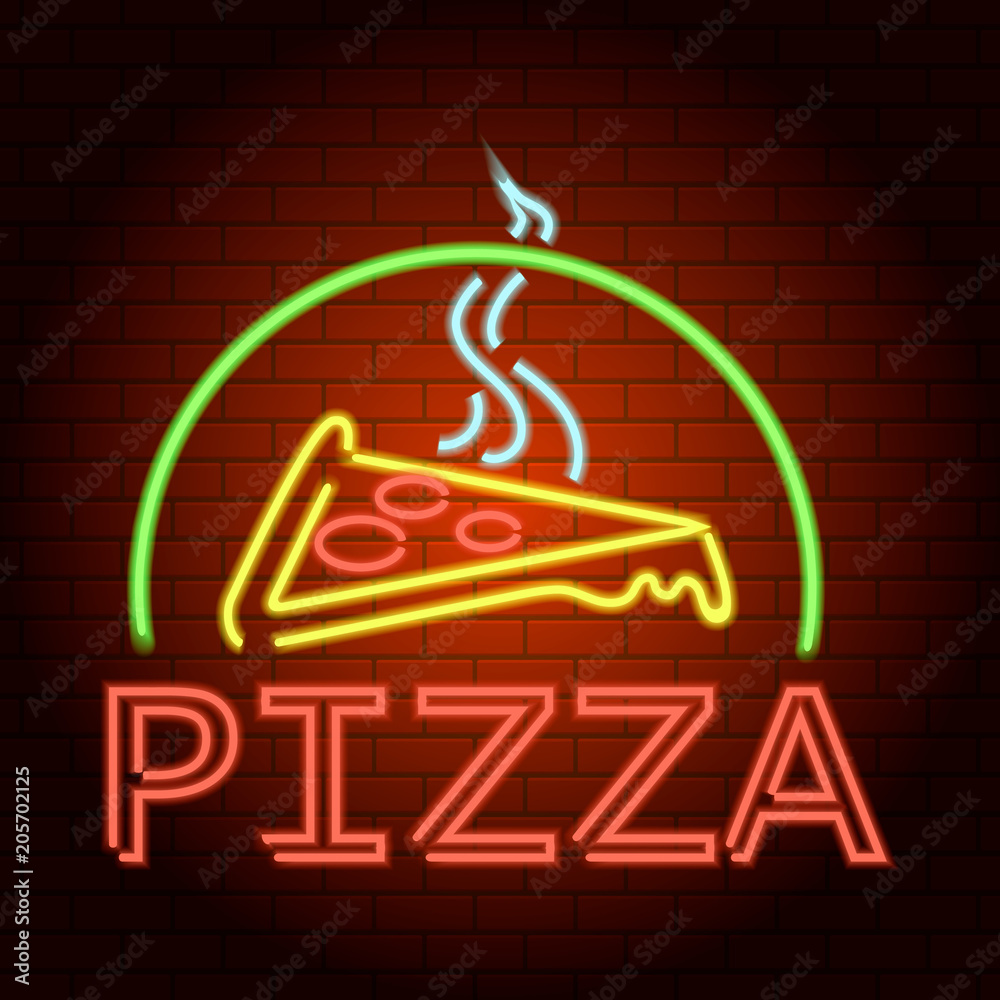Pizza logo neon light icon. Realistic illustration of pizza logo neon ...