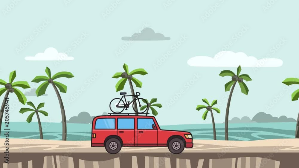 Animated red SUV car with bicycle on the roof trunk riding on the beach ...