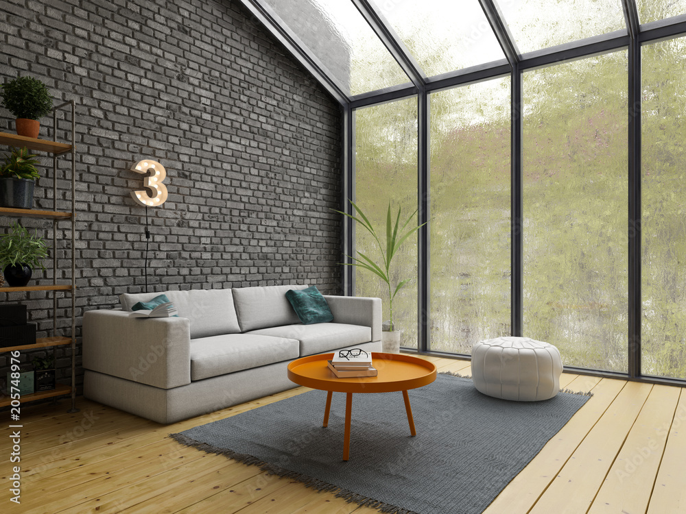 Loft style interior design 3D rendering Stock Illustration | Adobe Stock