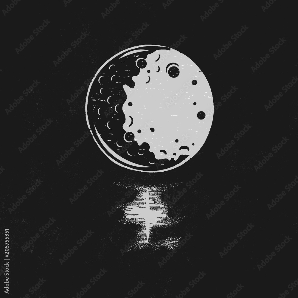 Vintage hand drawn Moon illustration with lunar path isolated on black ...