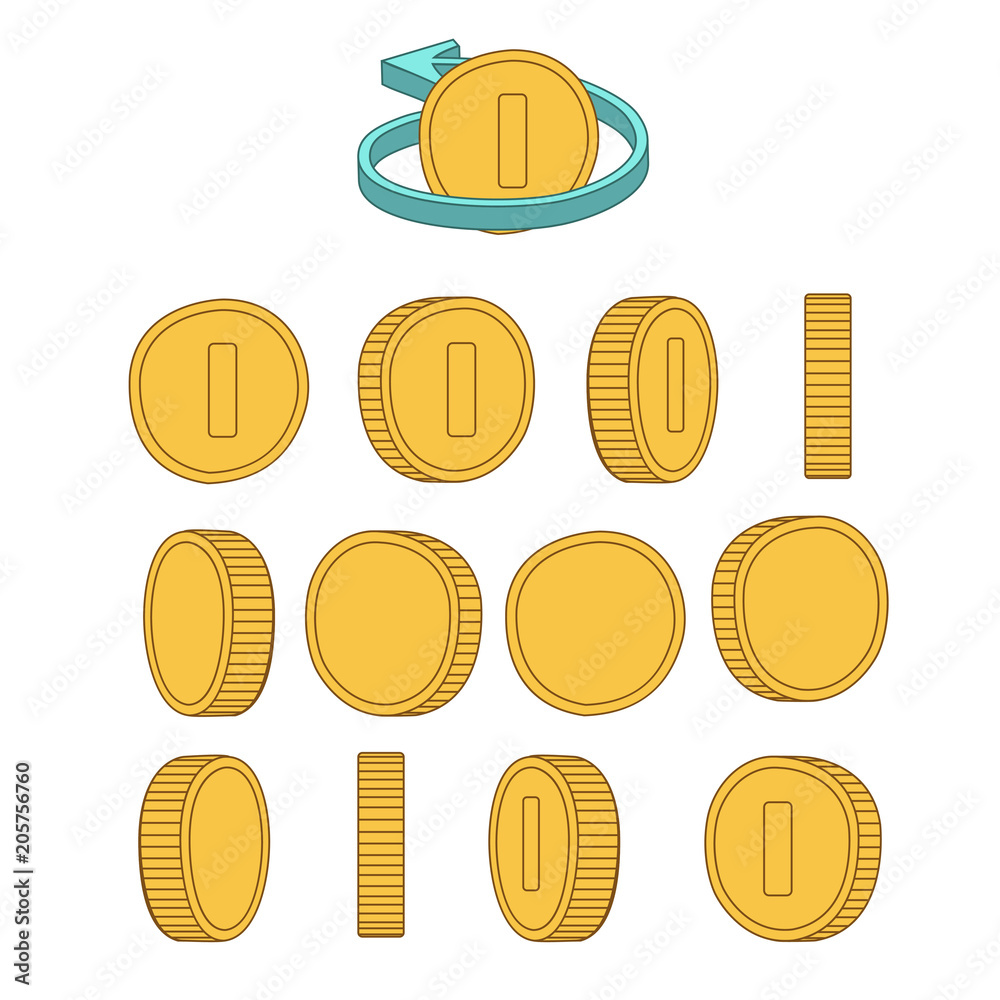 Sheet of sprites. Rotation of cartoon yellow coins. Isolated on white ...