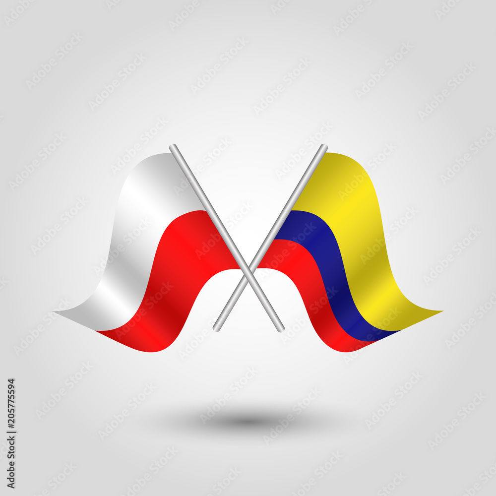 vector two crossed polish and colombian flags on silver sticks - symbol ...
