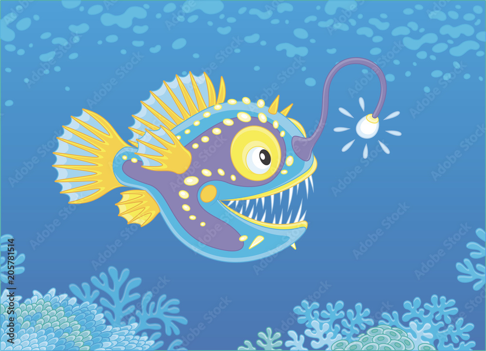 Anglerfish hunting deep in a sea, vector illustration in a cartoon ...