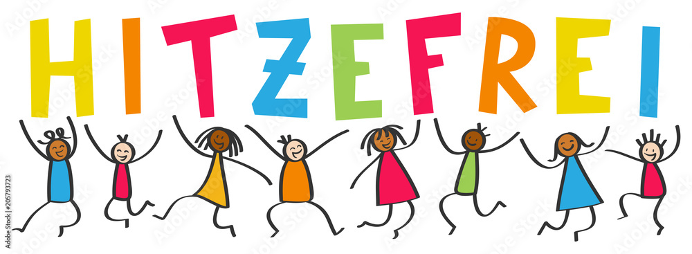 Multikulti Kinder springen hoch mit bunten Buchstaben HITZEFREI, Schule ...