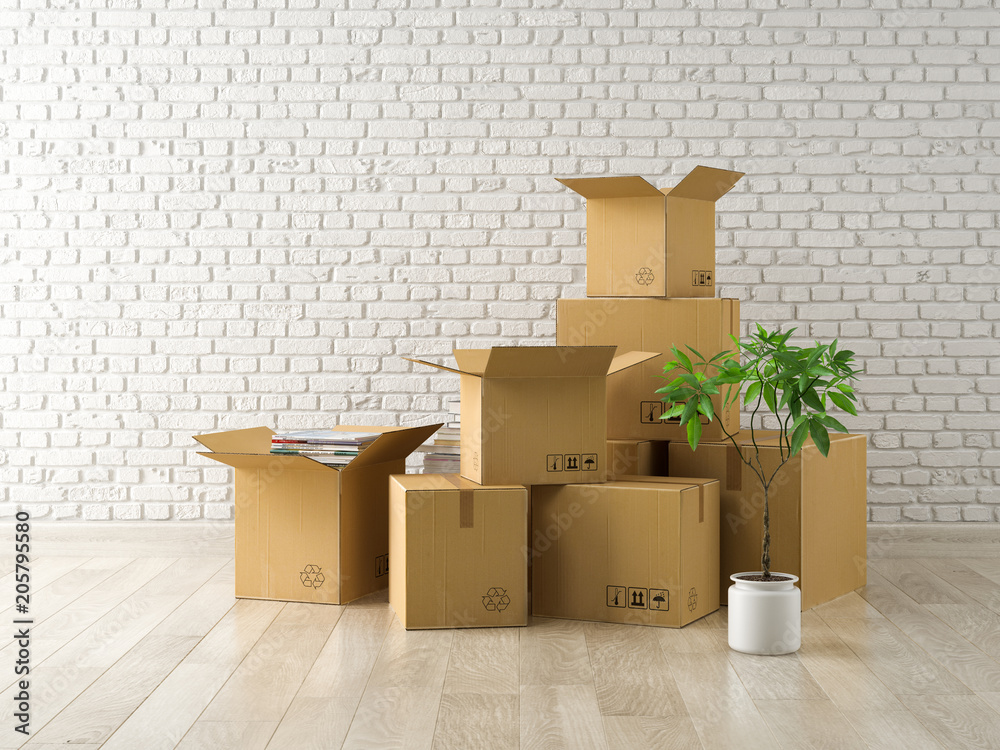 Interior with packed cardboard boxes for relocation 3D rendering Stock ...
