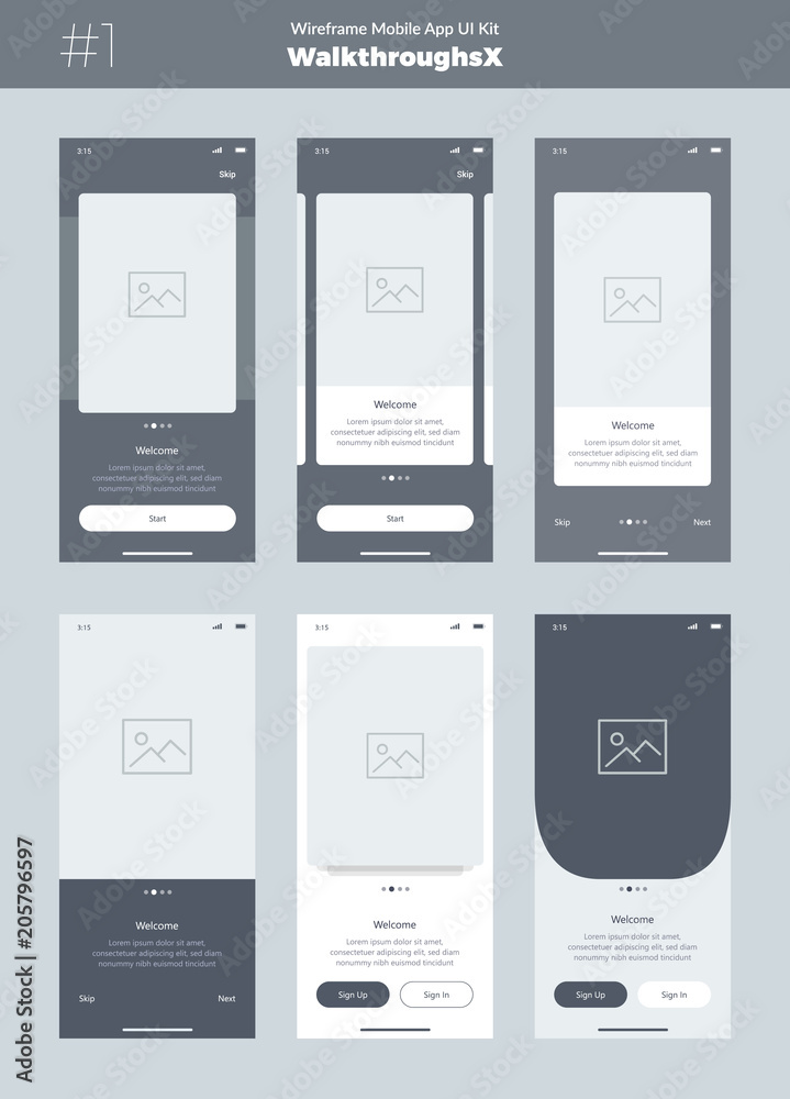 Wireframe kit for mobile phone. Mobile App UI, UX design. New OS Walkthroughs. Onboarding ...