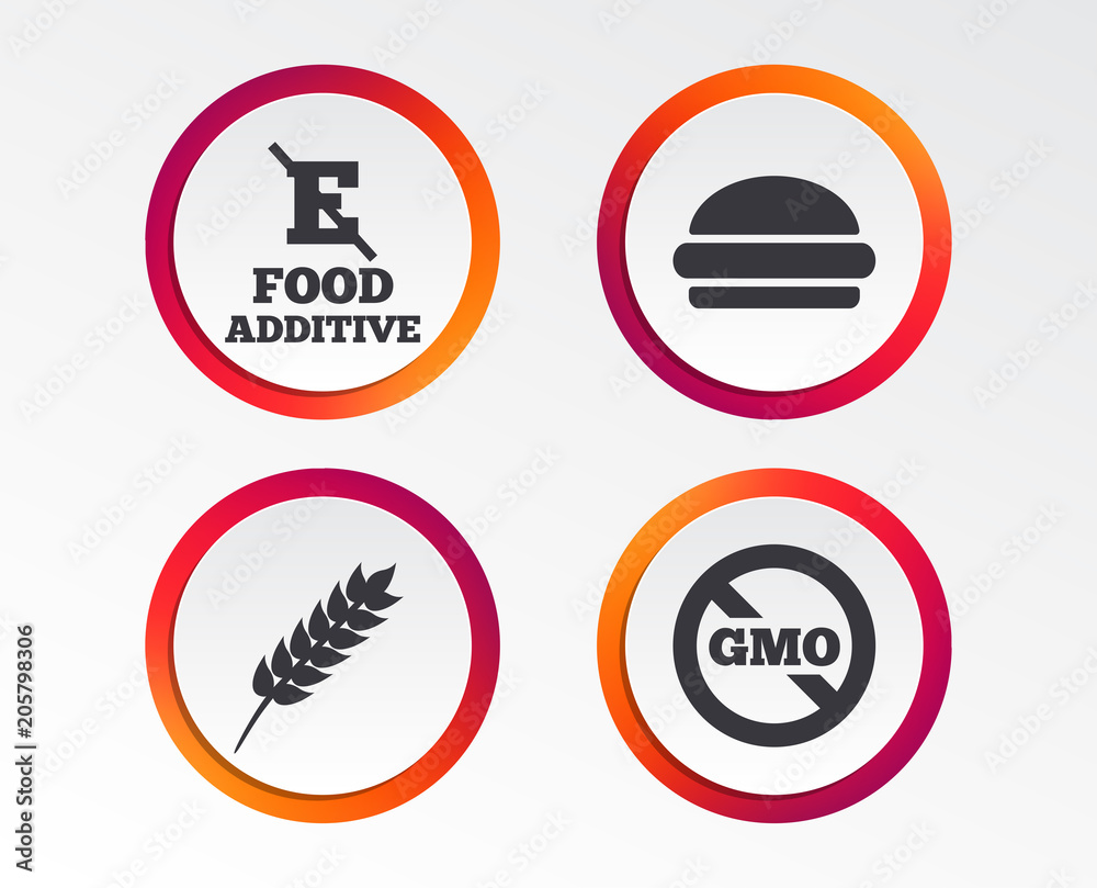 Food additive icon. Hamburger fast food sign. Gluten free and No GMO ...