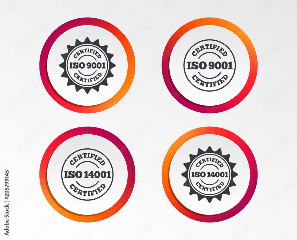 ISO 9001 and 14001 certified icons. Certification star stamps symbols ...