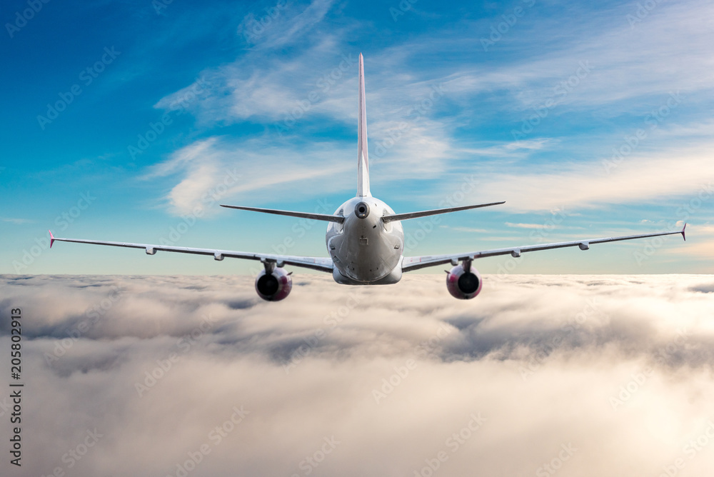 Back view of aircraft in flight. The passenger plane flies high above ...