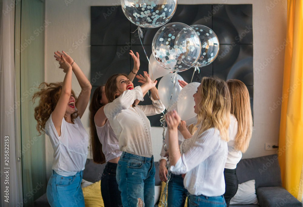 Girls Party. Beautiful Women Friends At Bachelorette Party. They dance ...