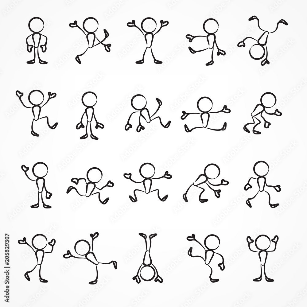 Collection of stick linear moving figures with different poses. Stock ...