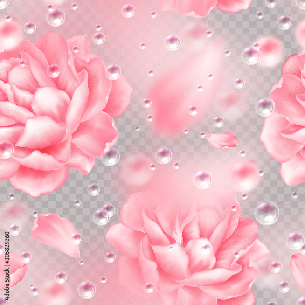 Seamless pattern with flowers, bubbles of air and petals on a ...