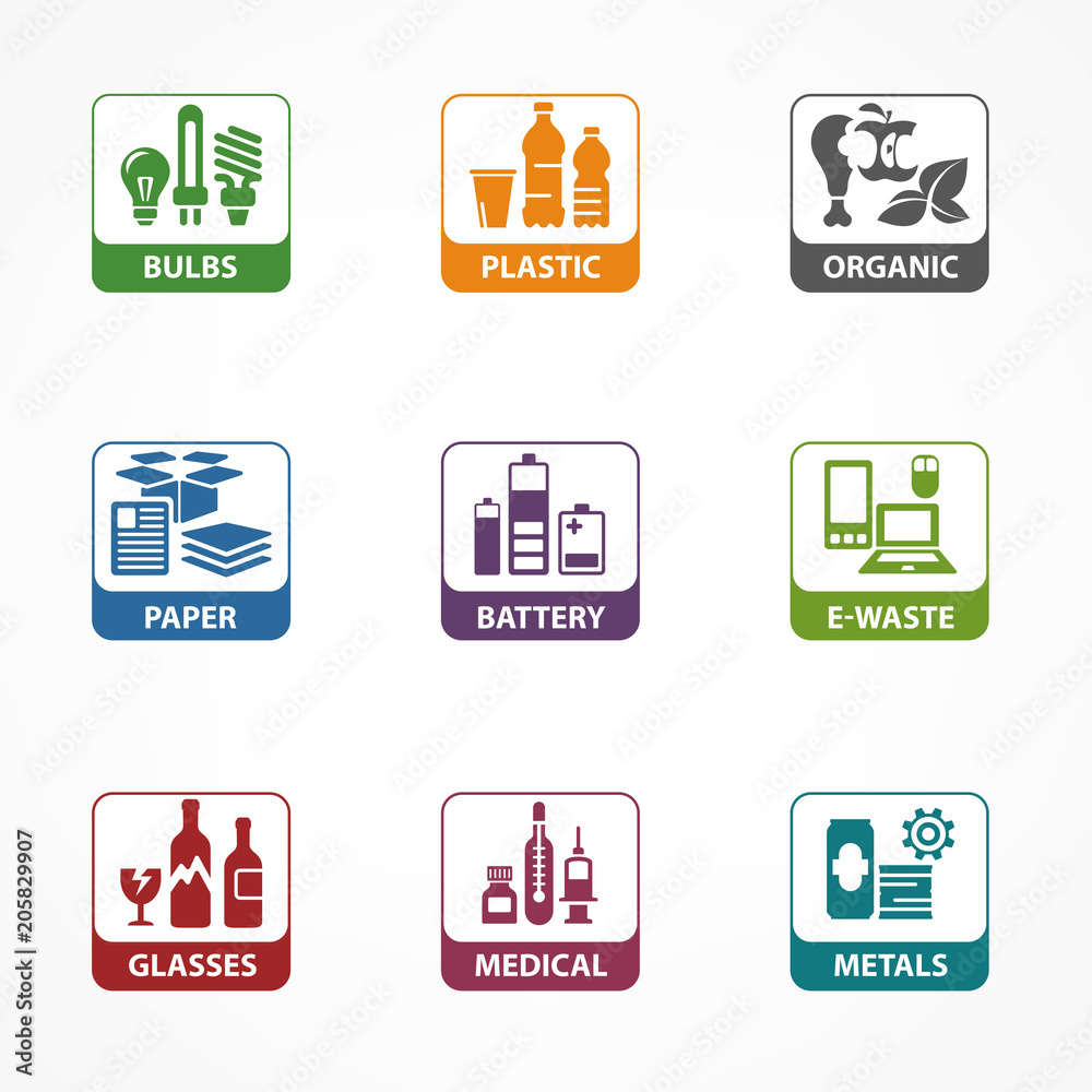 Garbage waste recycling square icons, line symbols of different Stock ...