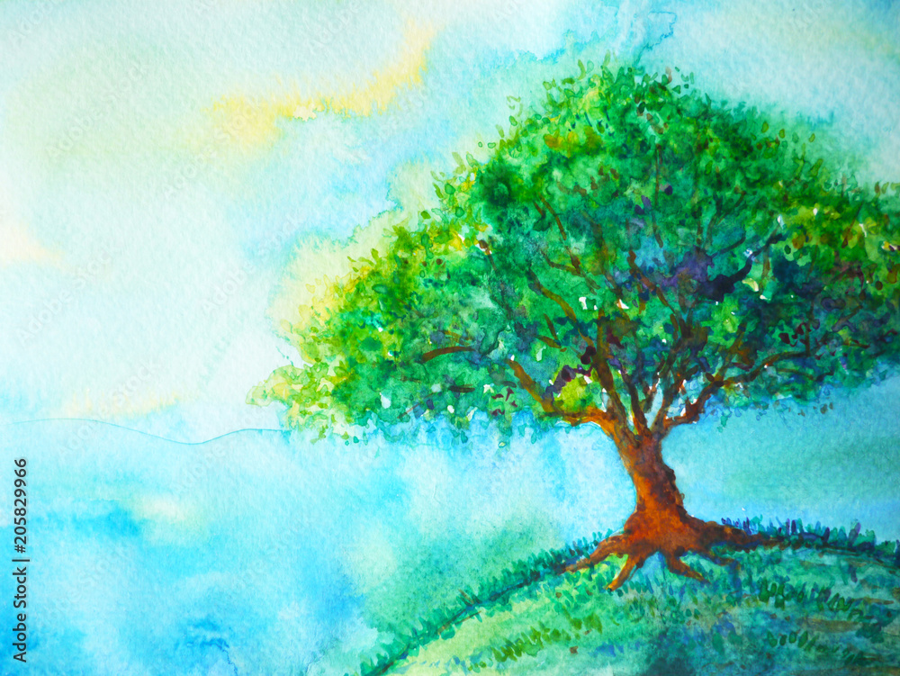 big green tree color on earth planet watercolor painting blue sky light ...