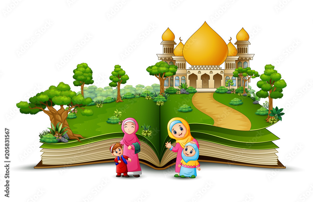 Open book with group of Happy Muslim Woman and her children in the ...