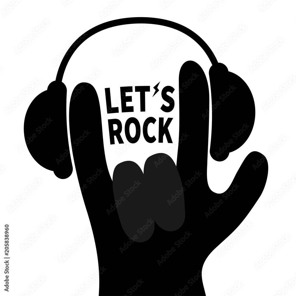 Lets rock. Headphones lightning light. Rock&roll hand finger black ...