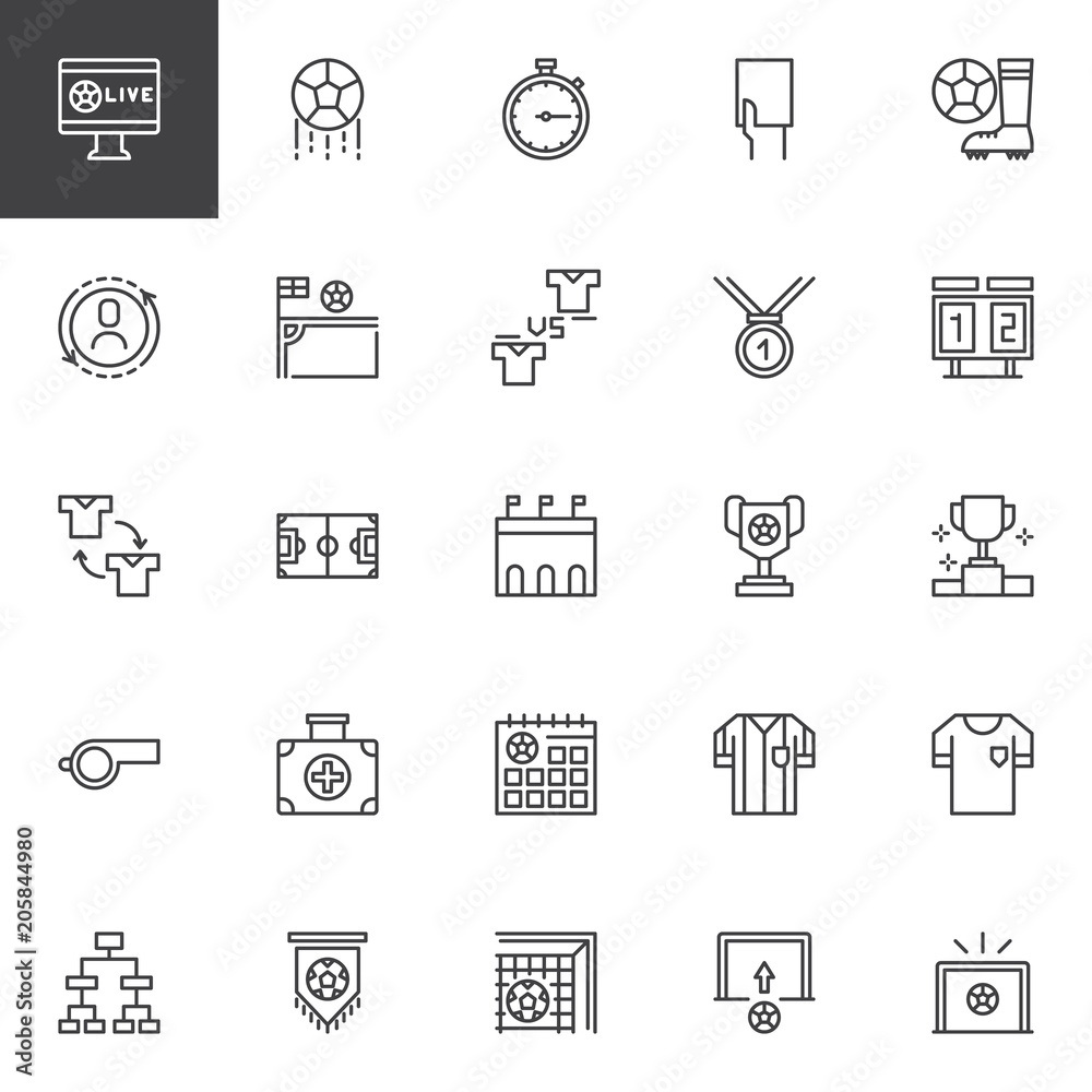 Soccer outline icons set. linear style symbols collection, line signs ...