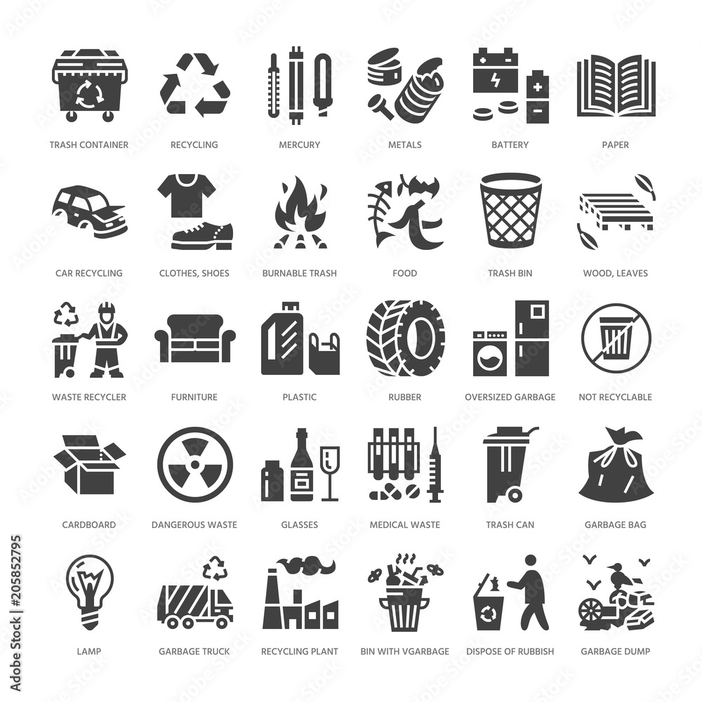 Recycling flat glyph icons. Pollution, recycle plant. Garbage sorting ...