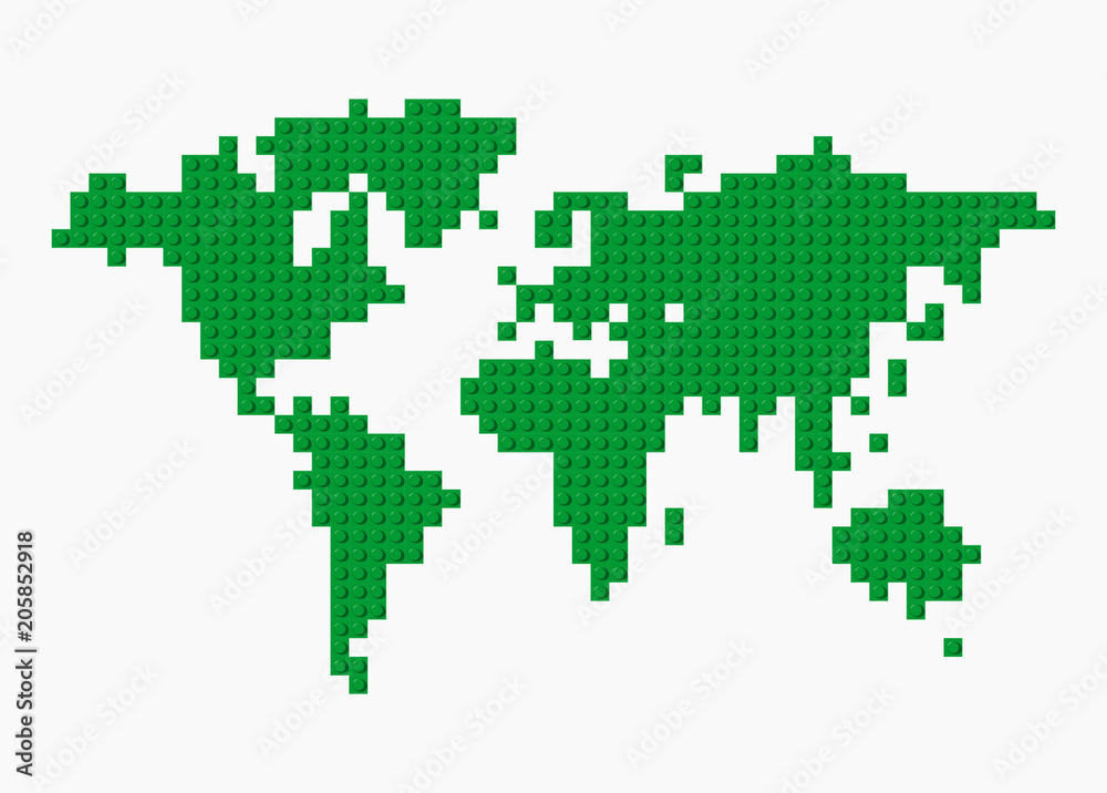 Vector world map made from plastic green construction blocks on ...