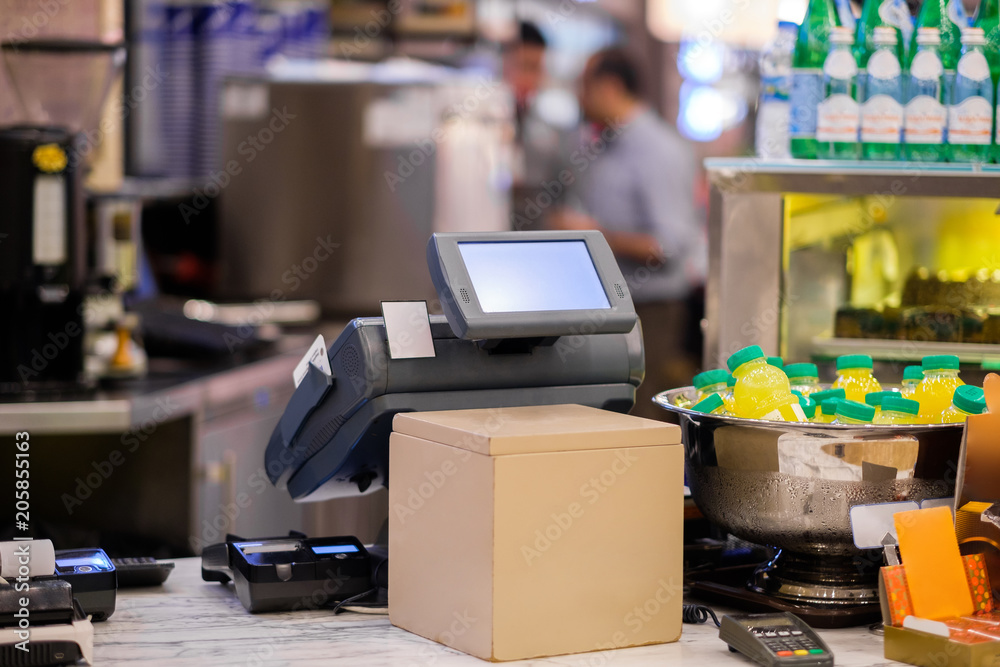 Cash desk terminal with screen in small cafe Stock Photo | Adobe Stock
