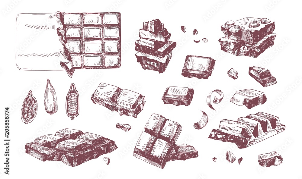 Collection of elegant drawings of whole and broken into pieces ...