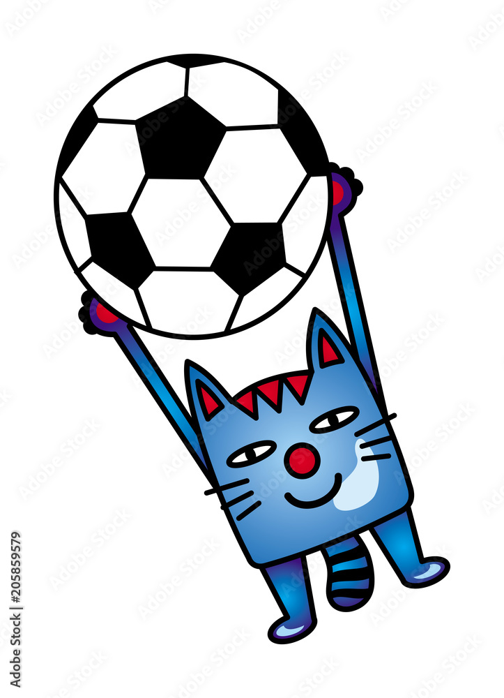 A cartoon blue cat catches a soccer (football) ball. Cat goalkeeper ...