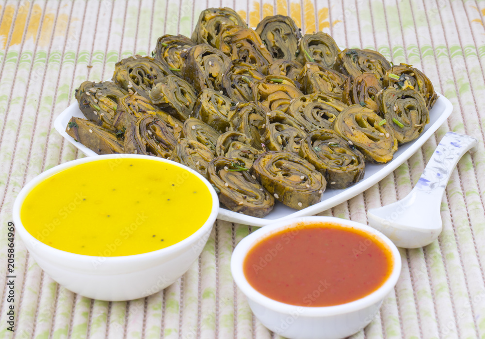 Indian Spicy Food Patra Also Called Paatra, Alu Vadi or Patrode is a ...