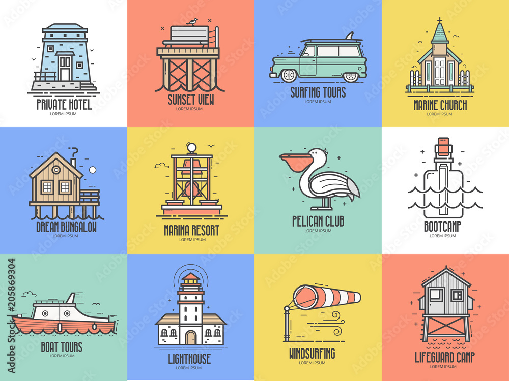 Beach resort logo and labels collection. Seaside town places and ...