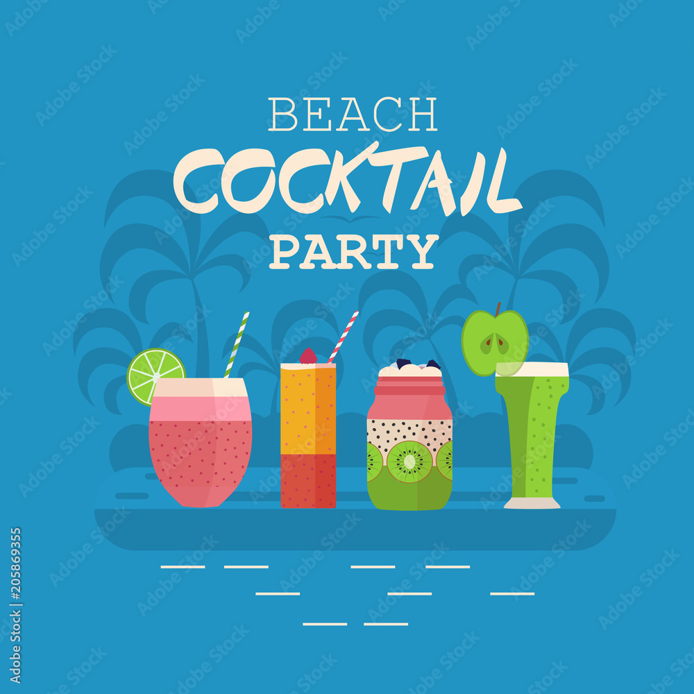 Beach cocktail party invitation card or poster with smoothies and ...