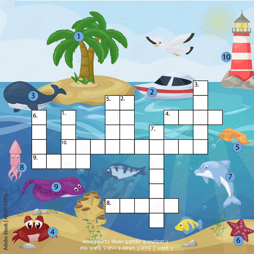 Crossword kids magazine book puzzle game of sea underwater ocean fish ...